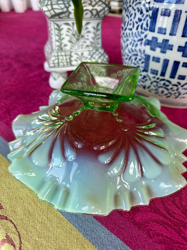 Vintage Pedestal Bowl, Jefferson/Dugan Glass, Shell Palm, Green ,Opale ...